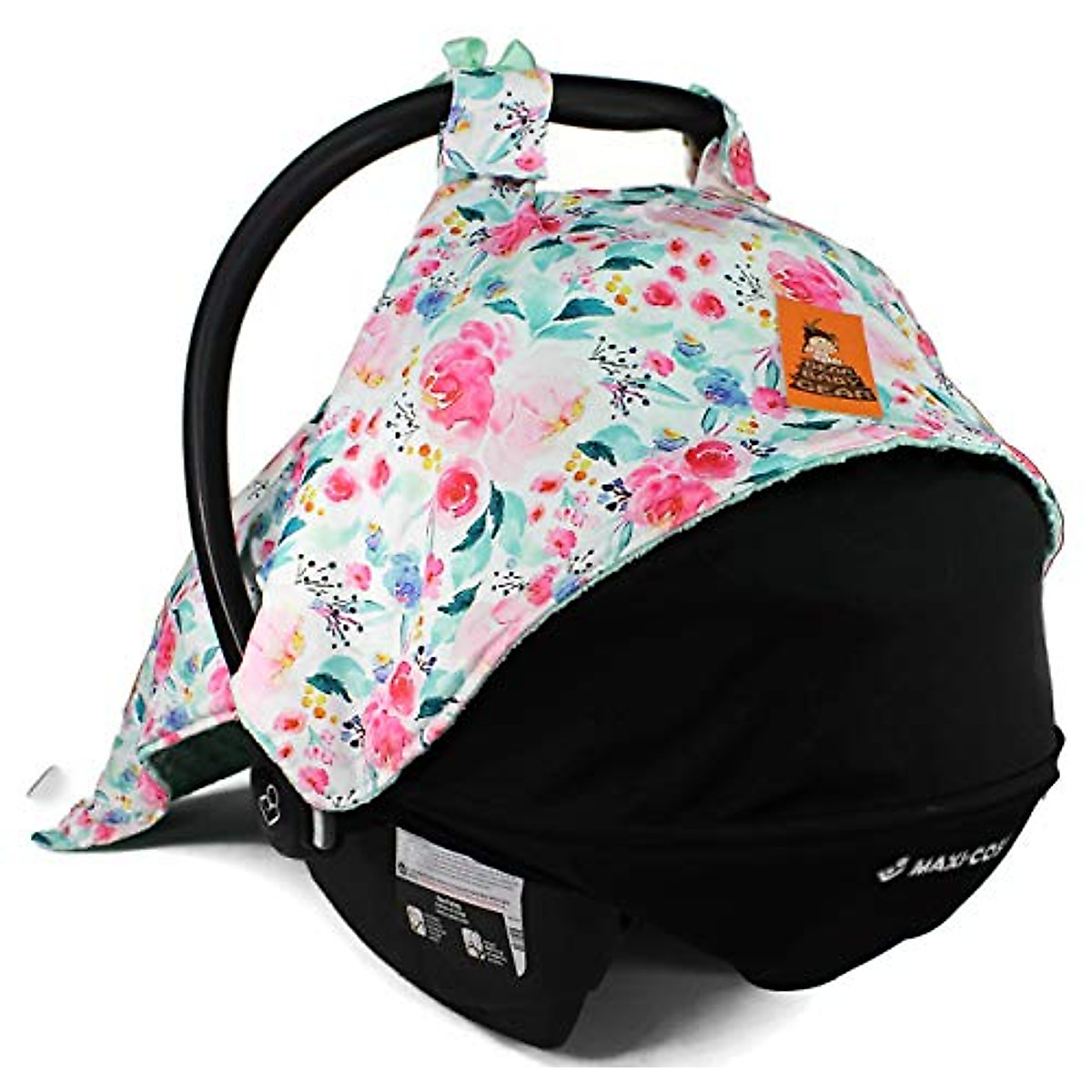 Dear Baby Gear Baby Car Seat Canopy Cover, Floral Watercolor Roses in Shades of Pink, Mint Minky