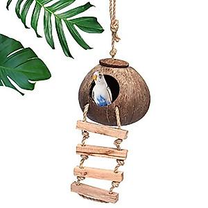 Gecko Coconut Husk Hut, Bird Hut Nesting House Hideouts with Ladder, Coco Texture Provide Food, Durable Cave Habitat with Hanging Loop for Leopard Gecko, Reptiles, Amphibians and Small Animals