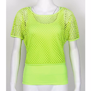 Smile Fish Women Casual Sexy 80s Costumes Fishnet Neon Off Shoulder T-Shirt (Neon-Green US 10/Tag Size L)