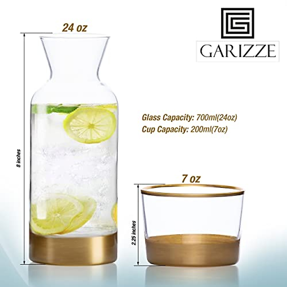 GARIZZE Bedside Water Carafe and Glass Set for Bedroom, Bedside Carafe and Glass Set, Mouthwash Decanter for Bathroom, Water Carafe with Glass Cup for Nightstand (24-oz/7-oz) (GOLD)