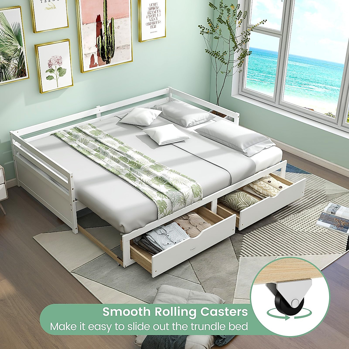 KOMFOTT Wood Daybed with Trundle, Extendable Twin to King Daybed Frame with 2 Storage Drawers, Space Saving Dual-use Sofa Daybed for Bedroom, Guest Room, No Box Spring Required (White)