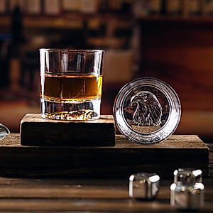 Whiskey Gifts for Men, 11 Oz Eagle Pattern Whiskey Glasses Set of 2 & Large Ice Ball Molds Set of 2 - Thick Base Rocks Glass for Bourbon Cocktails, Dad Husband Gift From Wife Daughter Son Kids