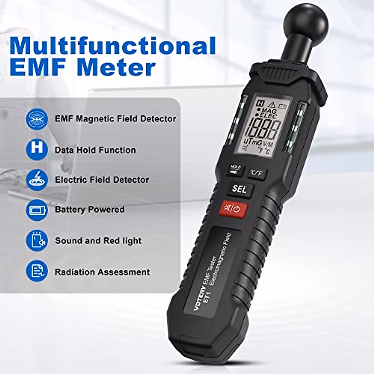 EMF Meter, Votery Rechargeable Electromagnetic Field Radiation Detector Digital EMF Detector with LCD, Temperature Measure, Hand-held Magnetic Field Detector for Home, Office, Outdoor