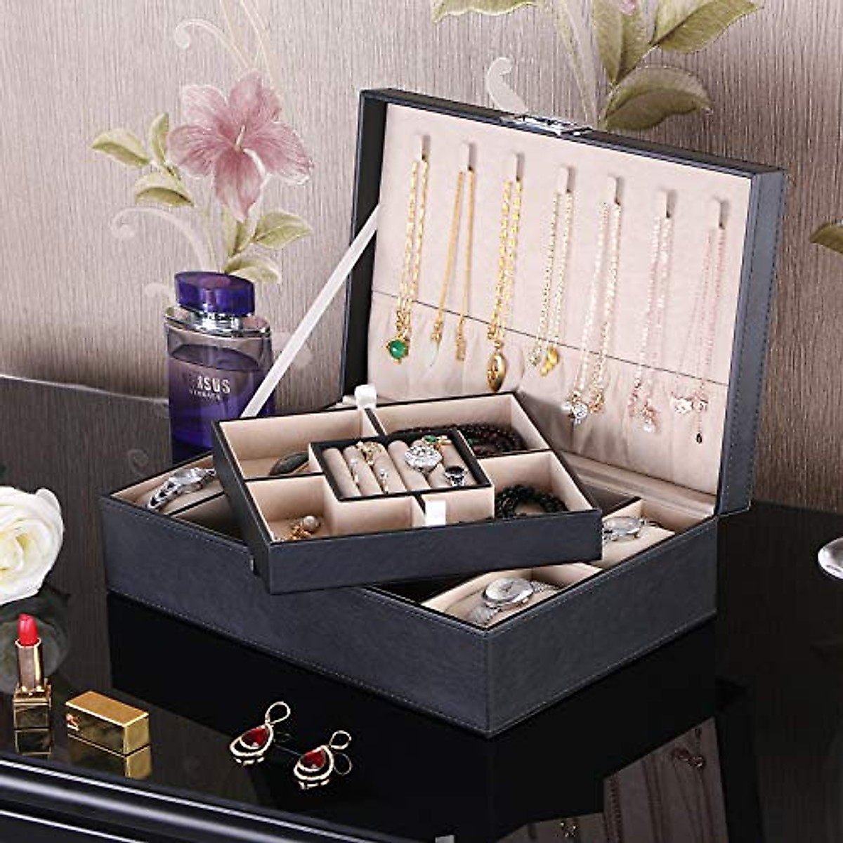 BEWISHOME Mens Jewelry Box, Jewelry Organizer with 4 Watch Case Removable Tray, Jewelry Storage Case for Necklace, Earring Ring Bracelet, PU Leather, Velvet Lining Black SSH07B