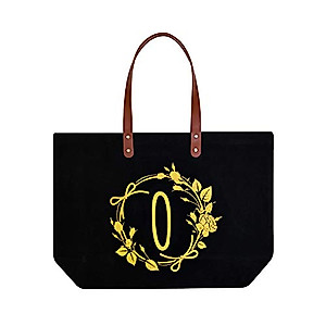 ELEGANTPARK Personalized Birthday Gifts for Women Mom Friend Sister Teacher Appreciation Gifts Monogrammed Gifts Initial Tote Bag Present Bag Black Canvas Tote Bag with Pocket Gold Letter O