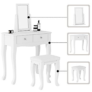 soges Makeup Vanity Table Set, 2-Drawer Dresser Desk, 360° Rotation Mirror, Cushioned Stool, Bedroom Dressing Table Set, White