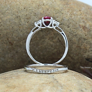 GEMVIO Collection Three Stone Ring, 5MM Round Lab Created Ruby Gemstone & Natural Diamond In 14K White Gold Over Sterling Silver Engagement Anniversary Wedding Bridal Set Ring(0.80Cttw)-7