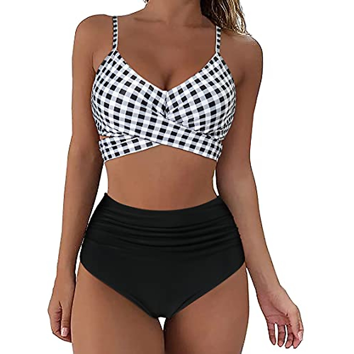 SUUKSESS Women High Waisted Bikini Criss Cross Swimsuits Push Up Bathing Suits (XS, Gingham)