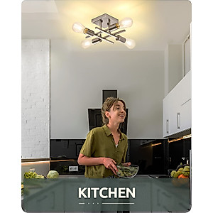 Eietonte Industrial 4-Light Semi Flush Mount Ceiling Light Fixture, Modern Brushed Nickel Chandelier Lighting, Farmhouse E26 Base Sputnik Ceiling Lamp for Kitchen Bedroom Living Room Hallway