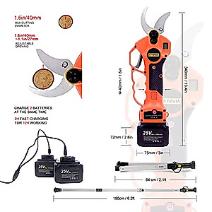 Cordless Pruning Shears, Electric Pruner with 7.5 Foot High Reach Extension Pole, Tool Belt, 2 Pack 25V Lithium Battery, SK5 Blades, 1.6 Inch Cutting Diameter, LCD Display Screen