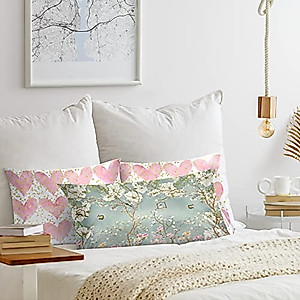 Envelope Closure Satin Pillowcase for Hair and Skin Silk Pillowcase Standard Size Spring Peach Blossom Flower Pattern Pillow Cases Cooling Satin Pillow Covers