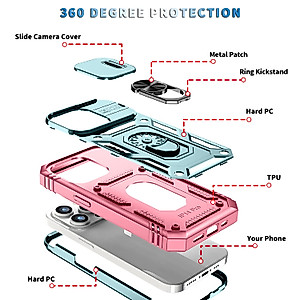 DAWEIXEAU Case for iPhone 14 Pro Max, Shockproof Impact Resistant with Slide Lens Protective Cover Case for iPhone 14 Pro Max (6.7 inch) (Pink Green)