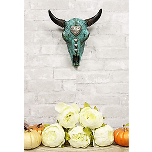 Ebros 10" Wide Western Southwest Steer Bison Buffalo Bull Cow Horned Skull Head Turquoise Silver Heart With Scroll Lace Design Wall Mount Decor Native Indian Sacred Animal Totem Bust Skulls