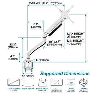 AVLT Single 17"-49" Super Ultrawide Monitor Arm for Screens Up to 50 lbs, Premium Aluminum Desk Stand, Adjustable Pneumatic Height, Full Motion Swivel Tilt Rotation, USB 3.0 & AUX Ports, White