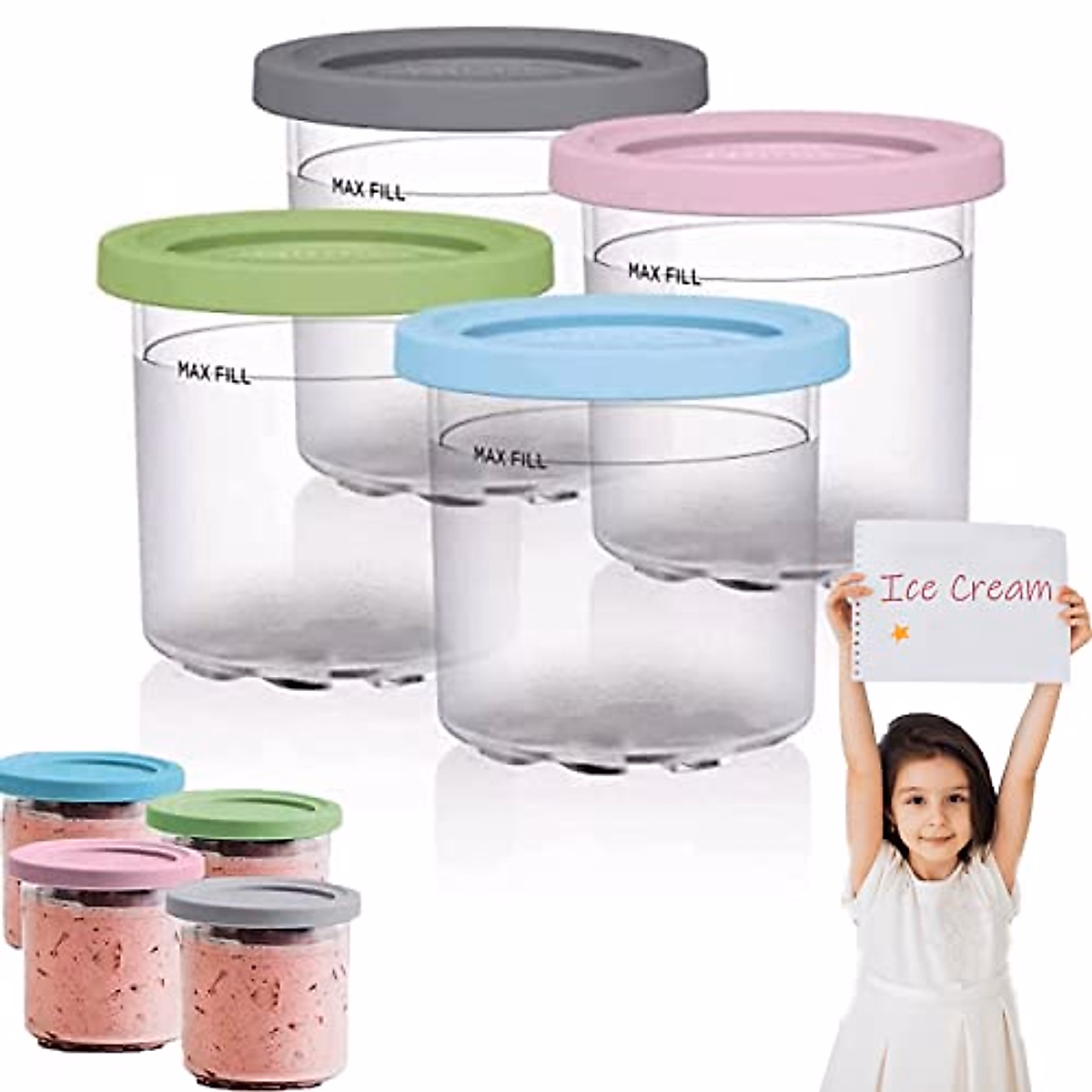 Ice Cream Pints Cup,Ice Cream Pints Cup, Ice Cream Containers With Lids For Ninja Creami Pints, Safe & Leak Proof Ice Cream Pints Kitchen Accessories,for Nc300s Nc299am Series Ice Cream Maker (4PCS)