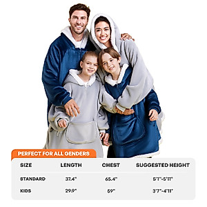 Giggling Getup Wearable Blanket Hoodie for Girls Boys - Oversized Flannel Sherpa Fleece Hooded Blanket - Soft Cozy Warm Blanket Sweatshirt Gifts with Giant Pocket and Sleeves for Kids Navy