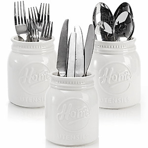 Peohud 3 Pack Mason Jar Utensil Holder, Ceramic Silverware Flatware Caddy, Cooking Utensil Crock Cutlery Storage Organizer for Kitchen Countertop, Decorative Spoon, Fork and Knife Holder