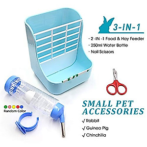 LLSPET 3-in-1 Guinea Pig Hay Feeder Water Bottle Nail Scissors Set, Pets Feeding Kit for Small Animals Bunny Chinchilla Guinea Pig Rabbit, 250ml Rabbit Water Bottle No Drip, Double Use Rabbit Feeder