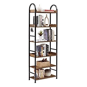 Merax 6 -Tier Tall Bookshelf Bookcase, Open Industrial Open Storage and Display Shelves with Hooks
