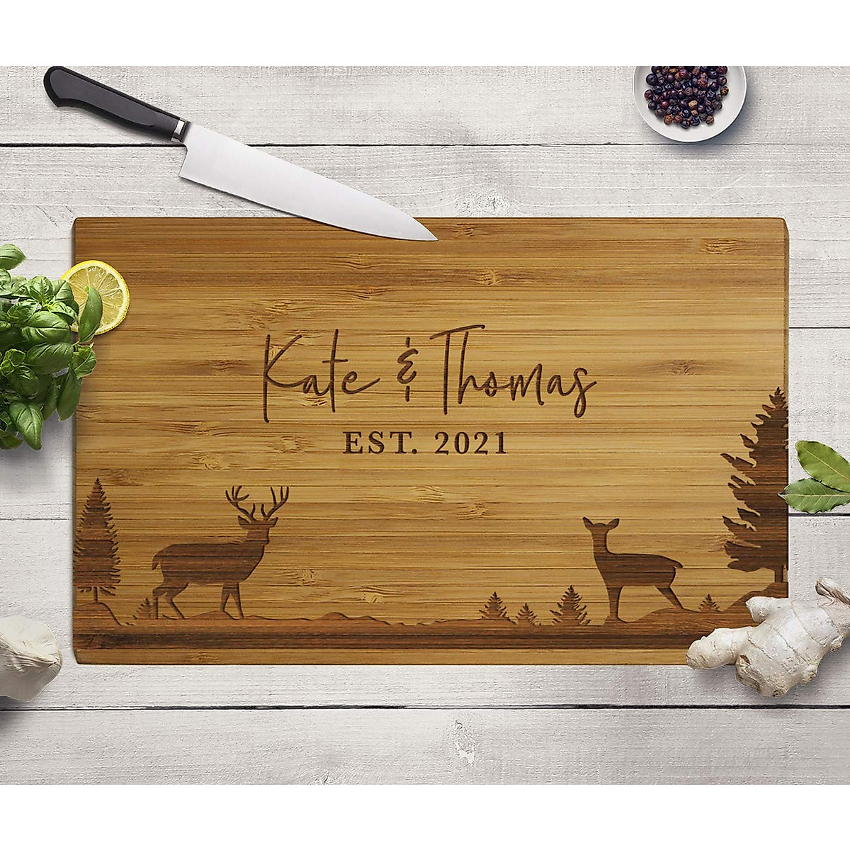 Andaz Press Personalized Large Bamboo Wood Cutting Board Gift, 17.75 x 11-inch, James & Emma, Est. 2024, Rustic Deer Forest, 1-Pack, Custom Engraved Serving Chopping Board Christmas