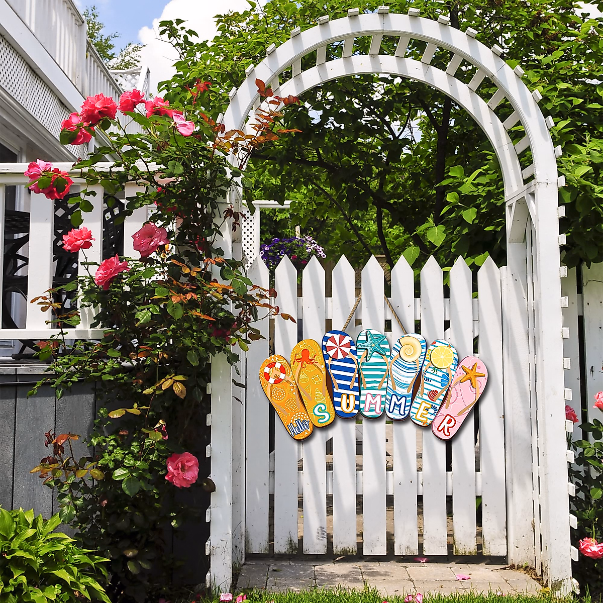 Flip Flops Hello Summer Sign 16" Pool Beach Signs Decor Outdoor Slippers Shaped Porch Front Door Hanging Wall Sign Decorations Welcome Accents for Bathroom Bar Home Yard Garden
