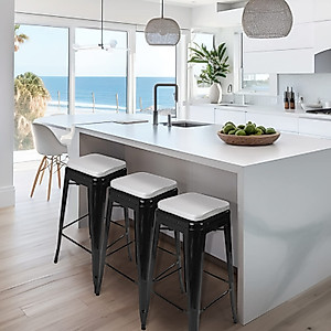 SINOSSO Modern Faux Leather Bar Stool Cushions 4 Pack, Leathaire Magnetic Small Chair Pads for Cafe Bistro Stackable Metal Stools (Square, Light Gray, 4)