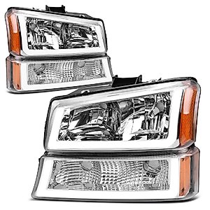 AUTOSAVER88 Headlight Assembly with LED DRL Compatible with 03-06 Chevy Avalanche Silverado 1500 1500HD 2500 2500HD 3500/2007 Silverado Classic Pickup Headlamp Chrome Housing with Turn Signal Lamp