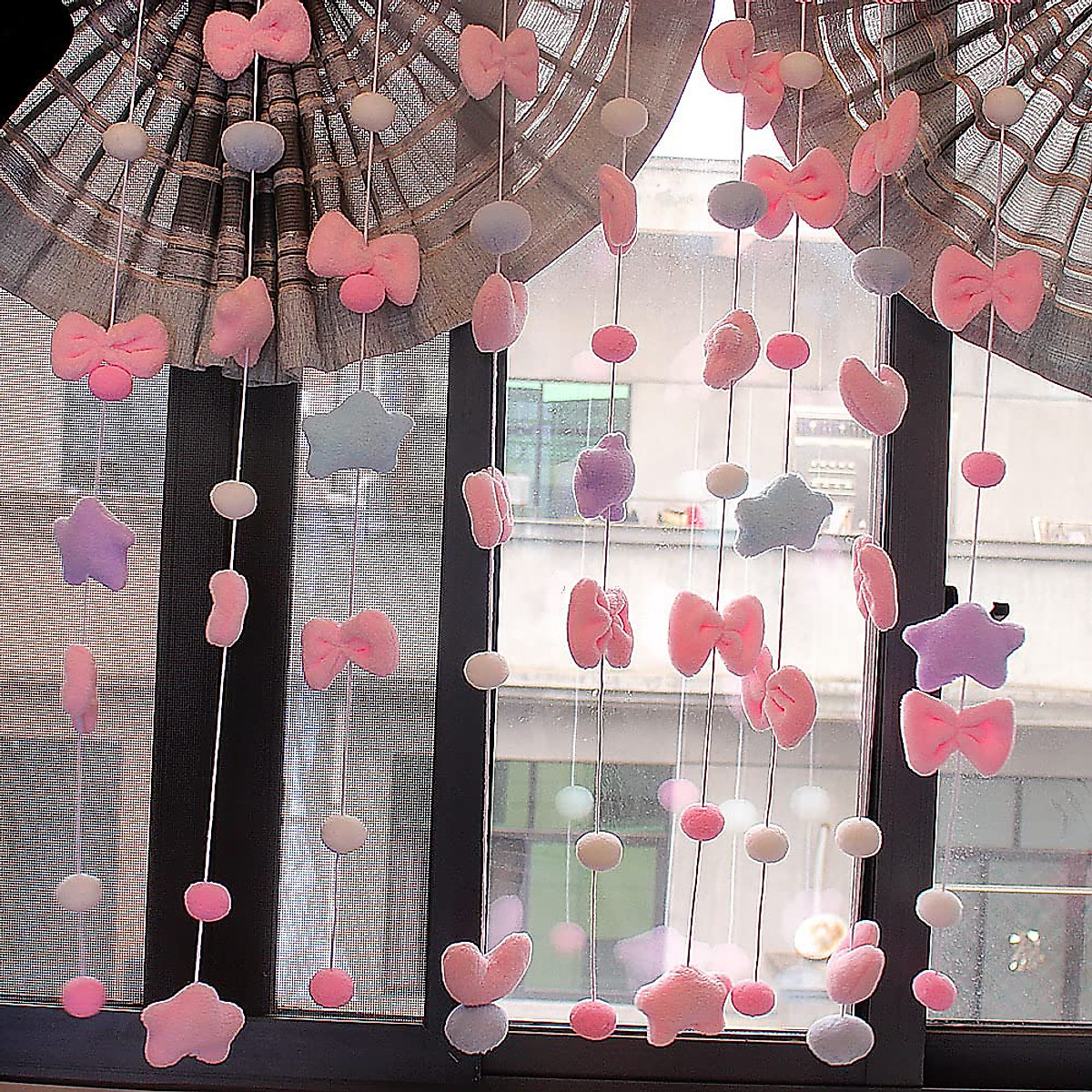 Kawaii Doorway Curtains Girls Bedroom Wall Hanging Decor Cute Fluffy Star Bowknot Pentacle Garland Door Strings Nursery Curtain for Baby Room (Adhesive Hook&Loop, Pink Star)