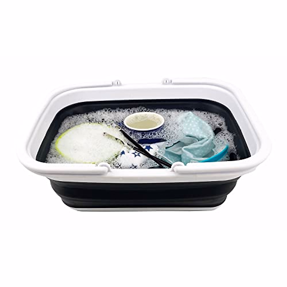 SAMMART 9.2L (2.37Gallon) Collapsible Tub with Handle - Portable Outdoor Picnic Basket / Crater - Foldable Shopping Bag - Space Saving Storage Container (White/Charcoal Black)