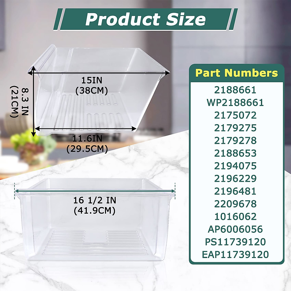 Hosile Crisper Bin, 4.5 Gallon Capacity, Clear Plastic, Replaces OEM Part #2188661, Fits Some Whirlpool, Kenmore, M-a-ytag, Amana, Estate, Crosley, Inglis, Roper, Ikea, Kirkland