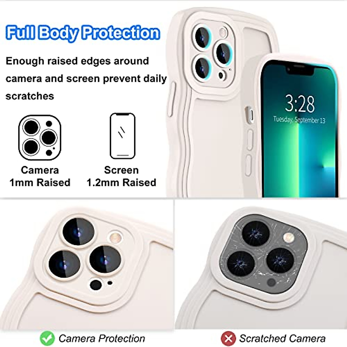 LOEV Compatible with iPhone 13 Pro Max 6.7" Wavy Edge Case, Cute Solid Color Curly Wave Shape Frame Design for Women Girls, Soft TPU Rubber Full-Body Shockproof Bumper Protection Phone Case, White