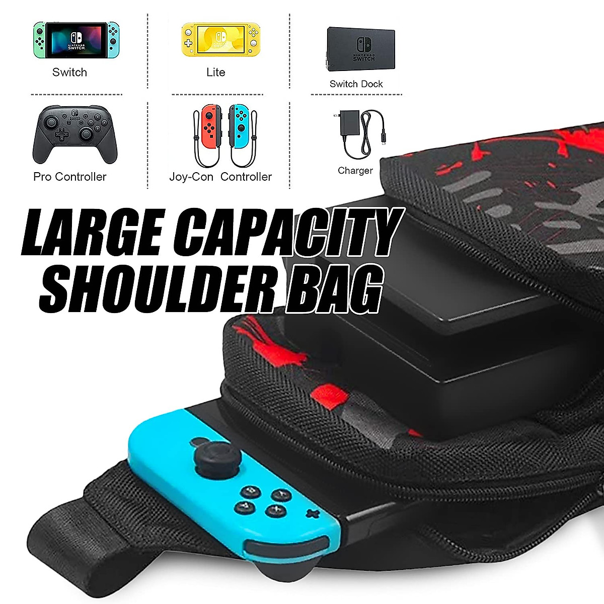 GOLDCHAMP Switch Travel Bag, Portable Nylon Water Resistant Shoulder Bag Storage Backpack, for Nintendo Switch Console/Dock/Switch Accessories, Chest Bag compatible with Nintendo Switch