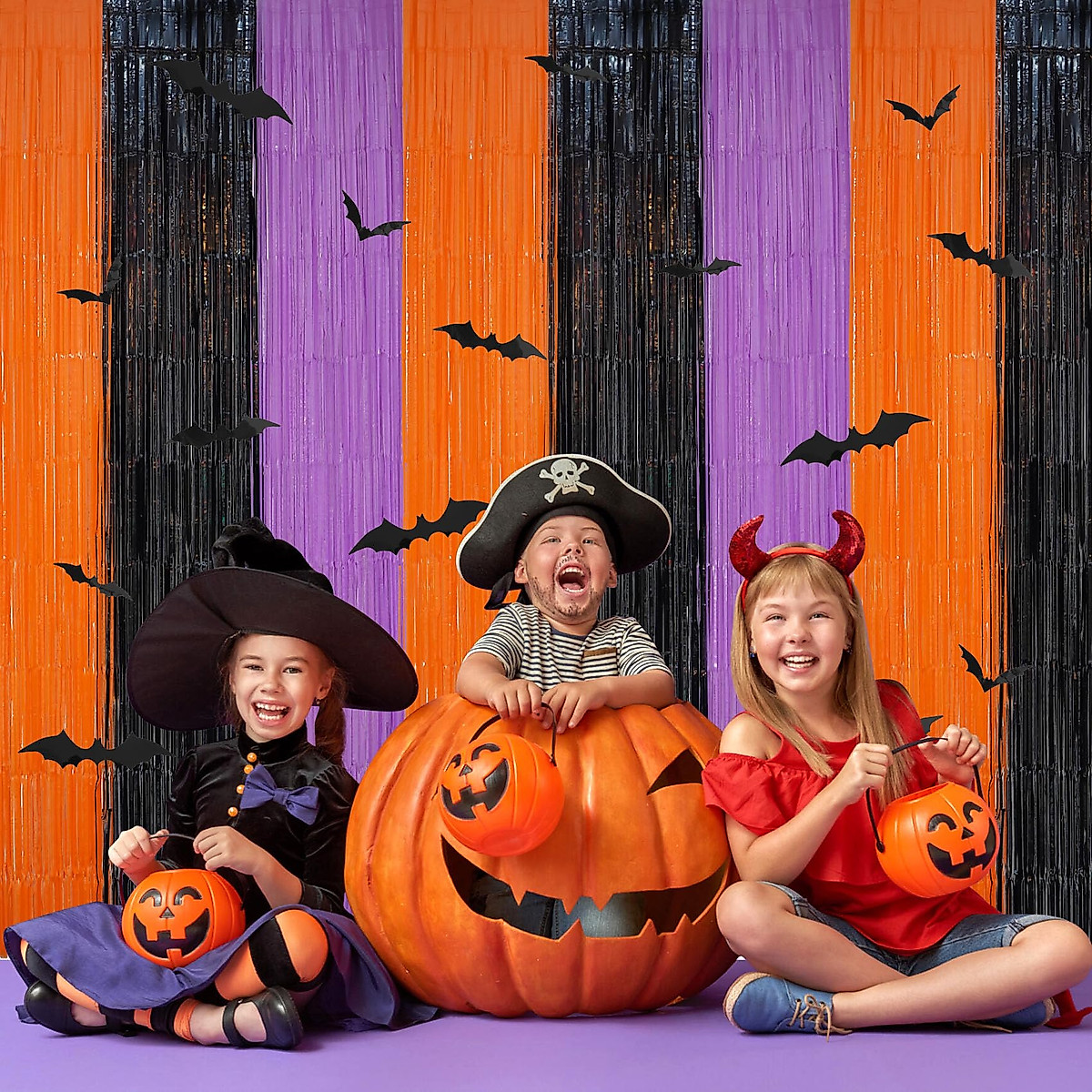 Halloween Party Decorations, 3 Pack 3.3 x 6.6 Ft Orange Purple Black Foil Fringe Curtains with 24 Bat, Halloween Backdrop Photo Booth Props Streamer for Halloween Party Supplies Birthday Decorations