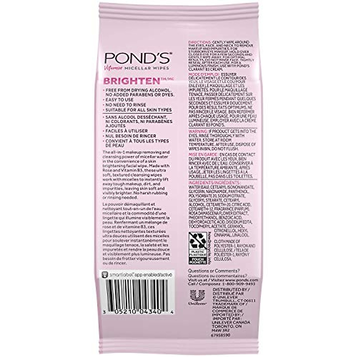 Pond's Vitamin Micellar Wipes For Dark Spots Brighten Rose Removes Waterproof Makeup 25 Wipes