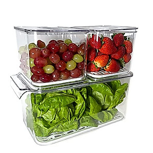 3 Pcs Plastic Refrigerator Food Storage Containers - Clear Organizer Bins W/Removable Drain Tray, Stackable Vented Lids, Fruit & Vegetables Fridge Organizers & Storage Clear for Pantry & Freezer