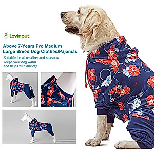 LovinPet Big Dogs Breeds Jammies, Wound Care/Post Surgery clothes, Pet Anxiety Relief for Dogs, Lightweight stretchy, Large Breed Dog Pajamas, Reflective Stripe, Floral Navy & Red Print, Pet Pj's /2XL
