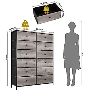 Arlopu 12-Drawer Dresser, 35.2’‘ Widened 6-Layer Fabric Storage Tower w/Textured Print Fabric Bins, Tall Chest Organizer Unit for Living Room, Hallway, Nursery, Closets, Adjustable Feetpad