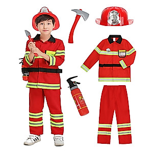 yolsun Fireman Costume for Kids, Boys' and Girls' Firefighter Dress up, Fire Fighter with Toy Accessories Set Halloween Role Play(Red,4-5 Years)