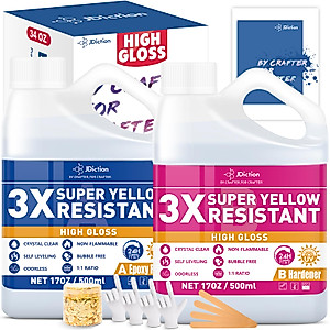 JDiction Epoxy Resin High Gloss 34OZ - 3X Yellowing Resistant Upgrade Formula, Self Leveling Resin and Hardener, Crystal Clear & Bubble Free Coating and Casting Resin for Jewelry, Art, Wood 1:1 Ratio