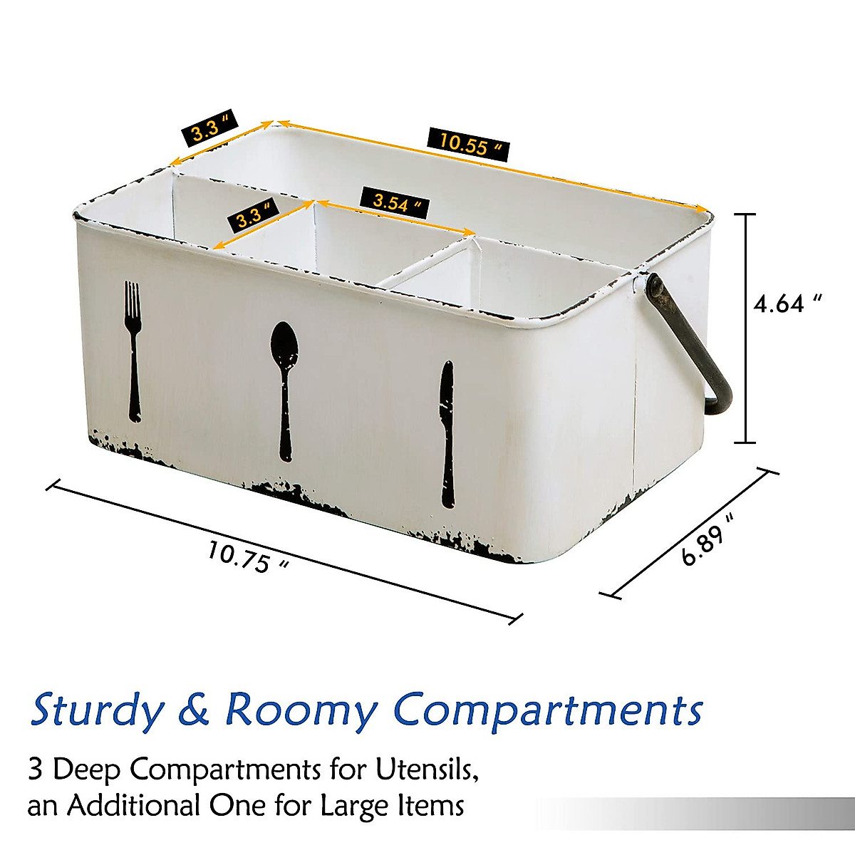 NIKKY HOME Utensil Caddy, Farmhouse Rustic Metal Cutlery Silverware Caddy with 4 Compartments, Flatware Holder Organizer for Kitchen Countertop, Picnics, Party, Camping, Outdoor - Distressed White