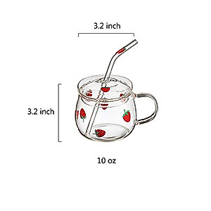 JHNIF 10 Oz Lovely Strawberry Clear Glass Mug with Lid and Straw.