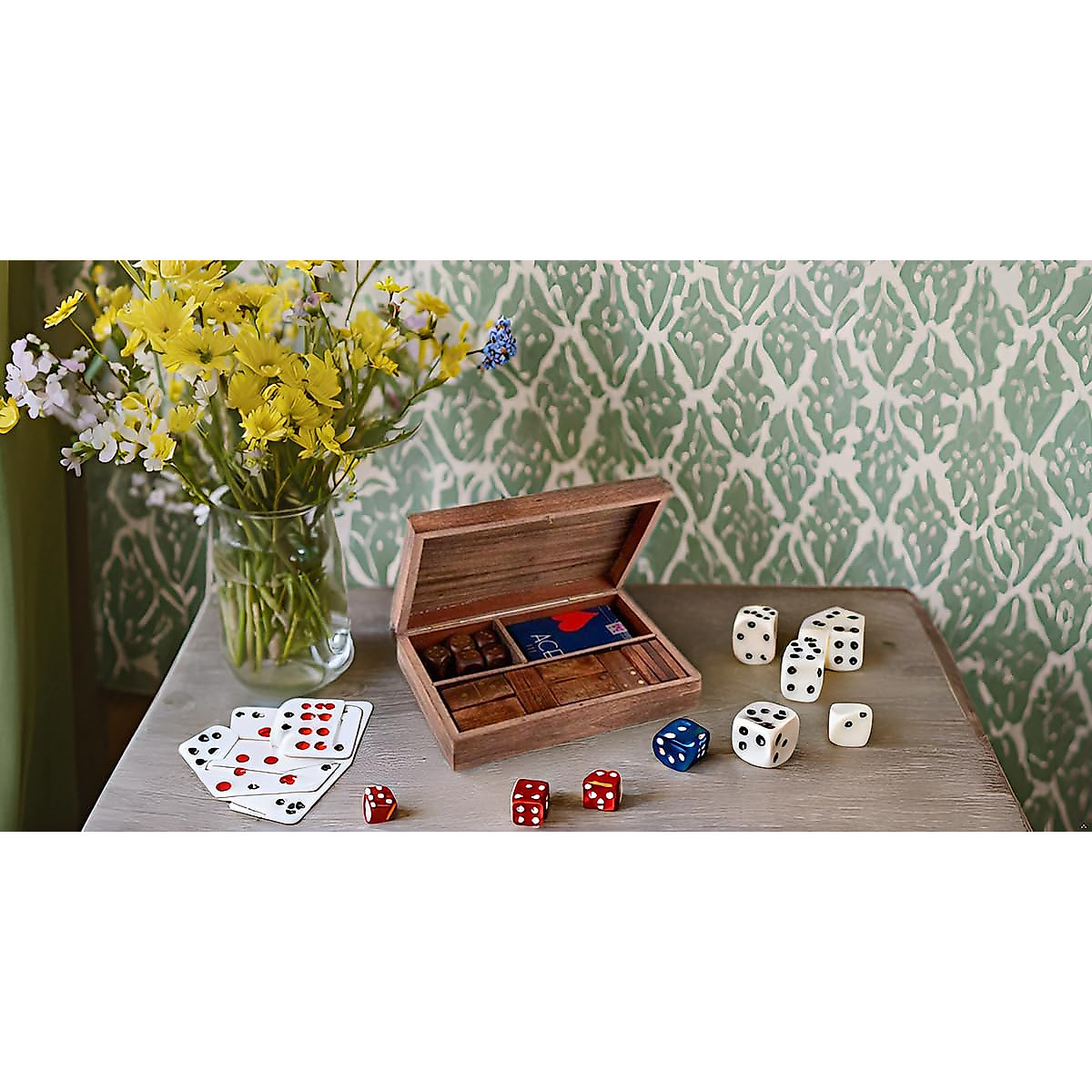 Great Gift Ideas Wooden Playing Card Box with 5 Dice & 28 Dominoes Tiles Game Set Deck Pack Case Holder Storage Accessories Organizer with Playing Cards Classic Table Game