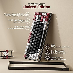 RK ROYAL KLUDGE RK84 RGB Limited Ed, 75% Triple Mode BT5.0/2.4G/USB-C Hot Swappable Mechanical Keyboard, 84 Keys Wireless Gaming Keyboard, RK Yellow Switch, Americano Black
