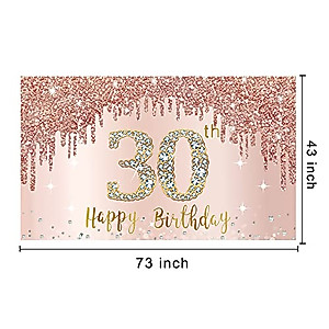 Happy 30th Birthday Banner Backdrop Decorations for Women, Rose Gold Thirty Birthday Party Sign Supplies, Pink 30 Birthday Poster Background Photo Booth Props Decor