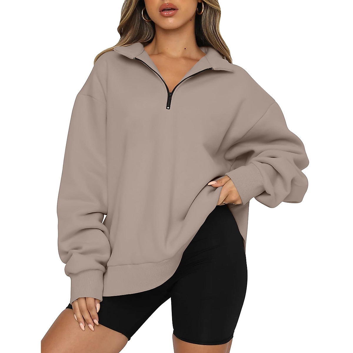 Trendy Queen Womens Oversized Sweatshirts Fall Fashion Hoodies Half Zip Pullover Long Sleeve Shirts Clothes Outfits CoffeeGrey S