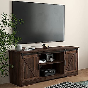 Kasibie Farmhouse 65" TV Stand, Modern TV Stand Brown, Entertainment Center with Storage Cabinet, Sliding Barn Door Media Cabinet (Brown)