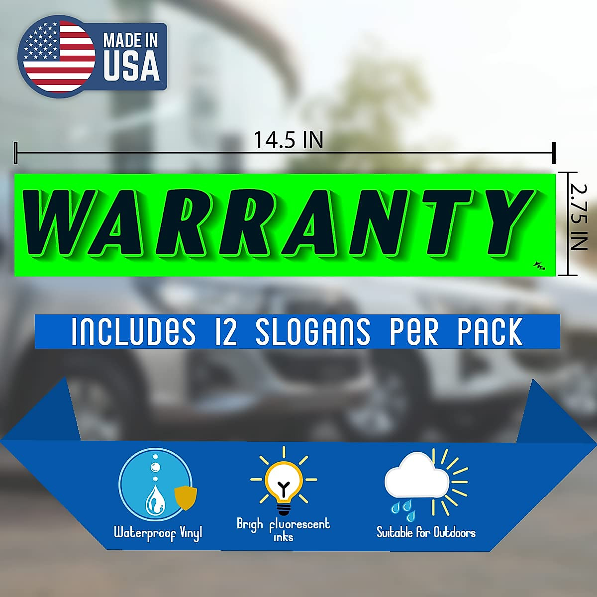 Versa Tags Windshield Slogan Stickers 12 Pack of Cash Stickers 12 Pack of Warranty Slogans 12 Pack of Save Window Stickers (36) Dealership Stickers Black On Green