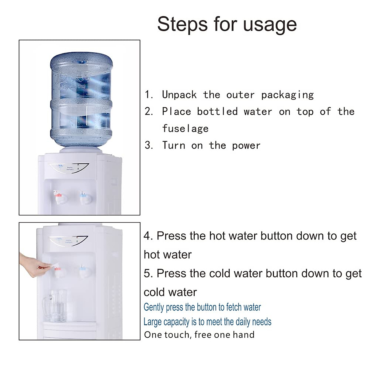 Water Cooler Dispenser 5 Gallon, Top Loading Water Dispenser Hot and Cold Water Dispenser with Storage Cabinet Child Safety Lock for Home Office, White