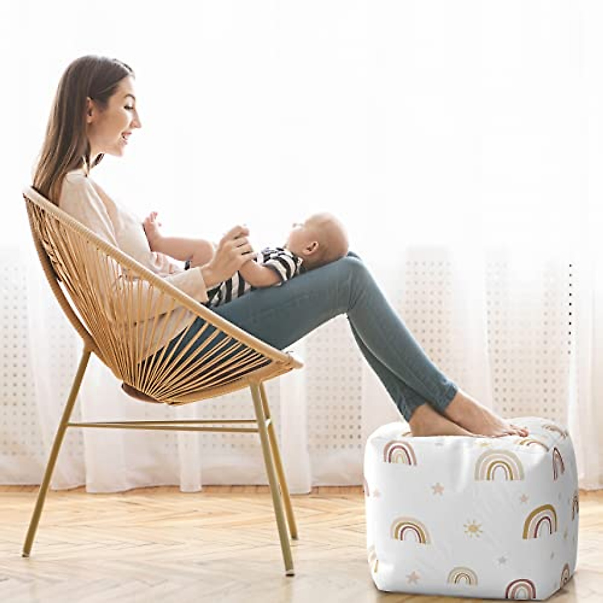 Sweet Jojo Designs Boho Rainbow Girl Ottoman Pouf Cover Unstuffed Poof Floor Footstool Square Cube Pouffe Storage Baby Nursery Kids Room Blush Pink Yellow Bohemian Modern Neutral Vintage Taupe Beige