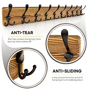 SAYONEYES Rustic Coat Rack Wall Mount, 38.6 Inch Long Solid Pine Brown Wood Wall Rack, Coat Hanger Wall Mounted with 10 Heavy Duty Tri Hooks for Hanging Coat, Towels, Hat, Jacket - 1 Pack